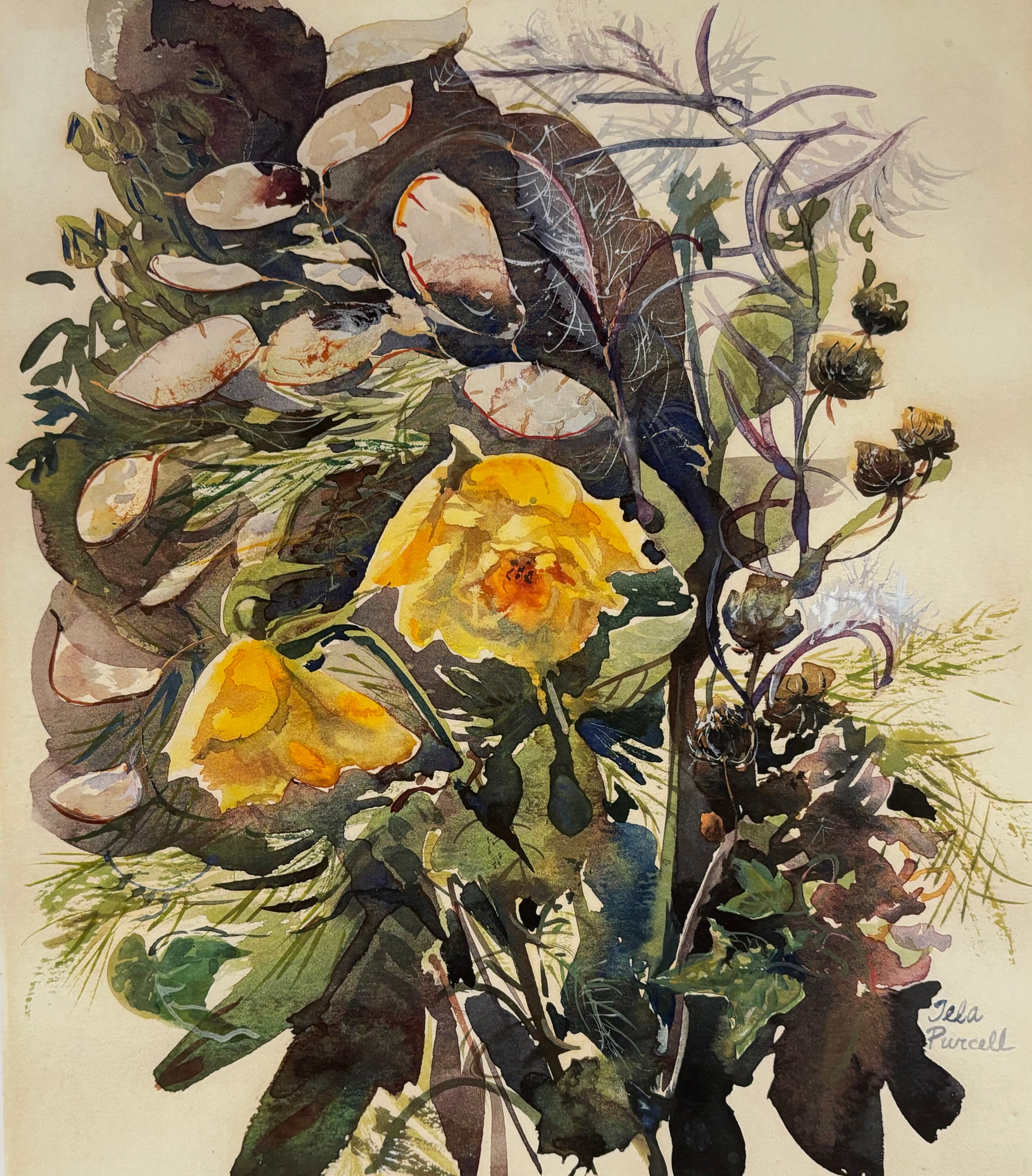 Queen Elizabeth Rose with Lunaria, A Print from a watercolour painting ...